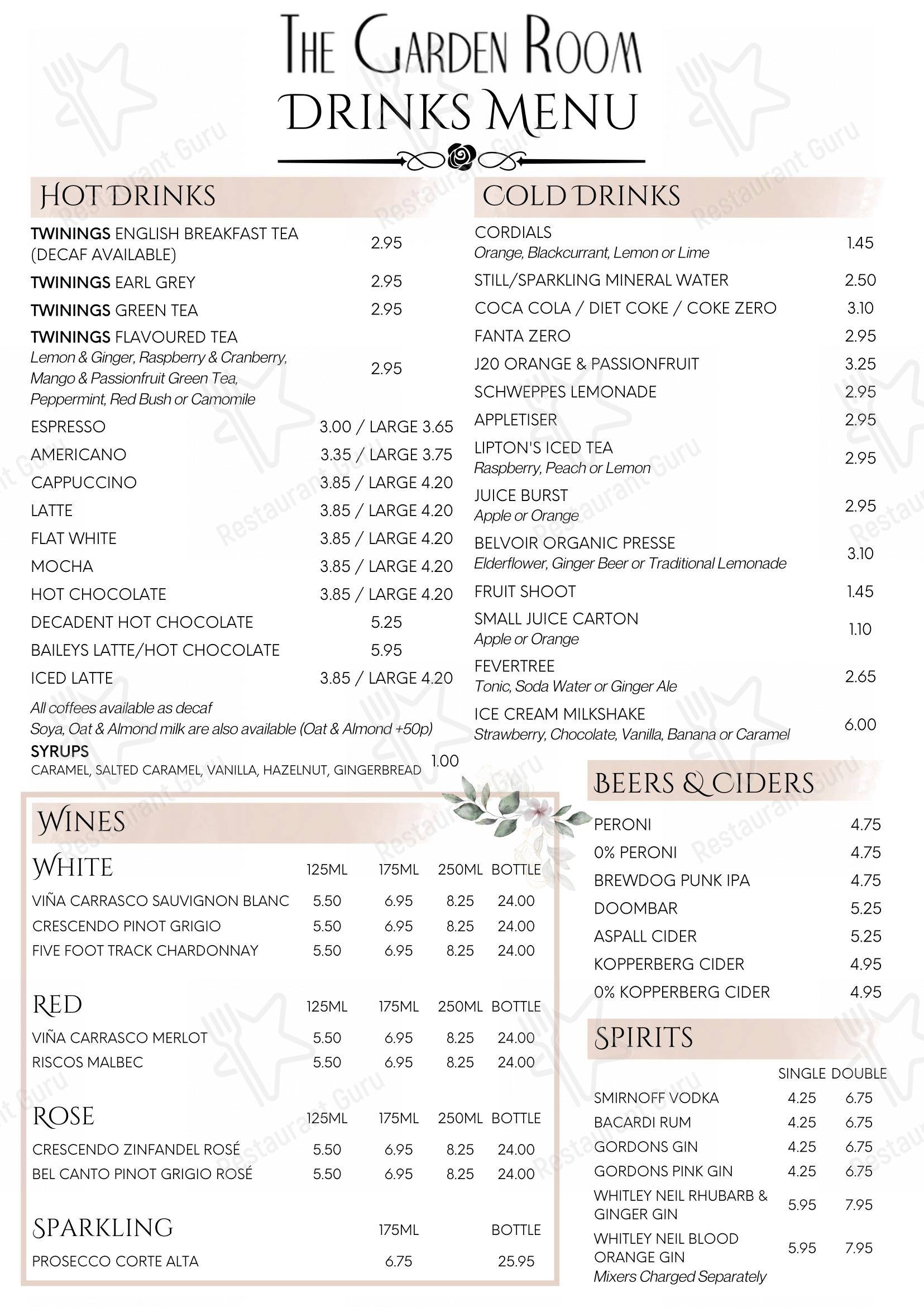 Menu at The Garden Room restaurant, Sutton Coldfield