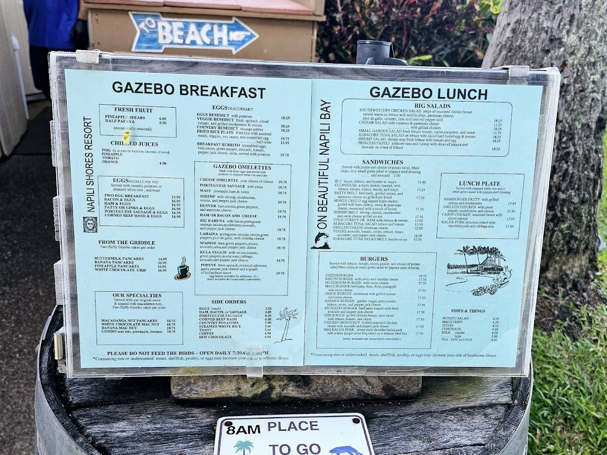 Menu at The Gazebo cafe, Napili-Honokowai