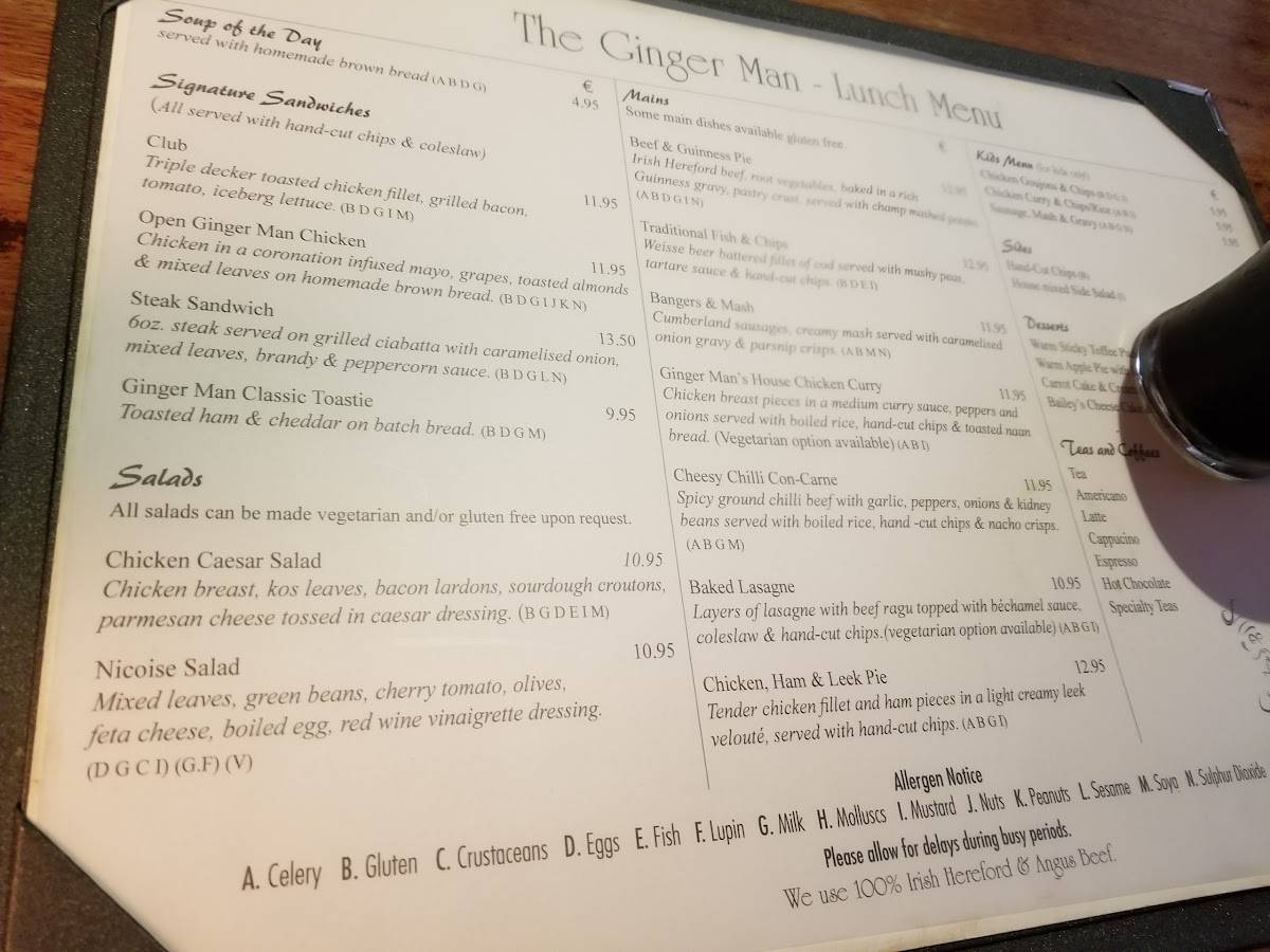 Menu at The Ginger Man pub & bar, Dublin