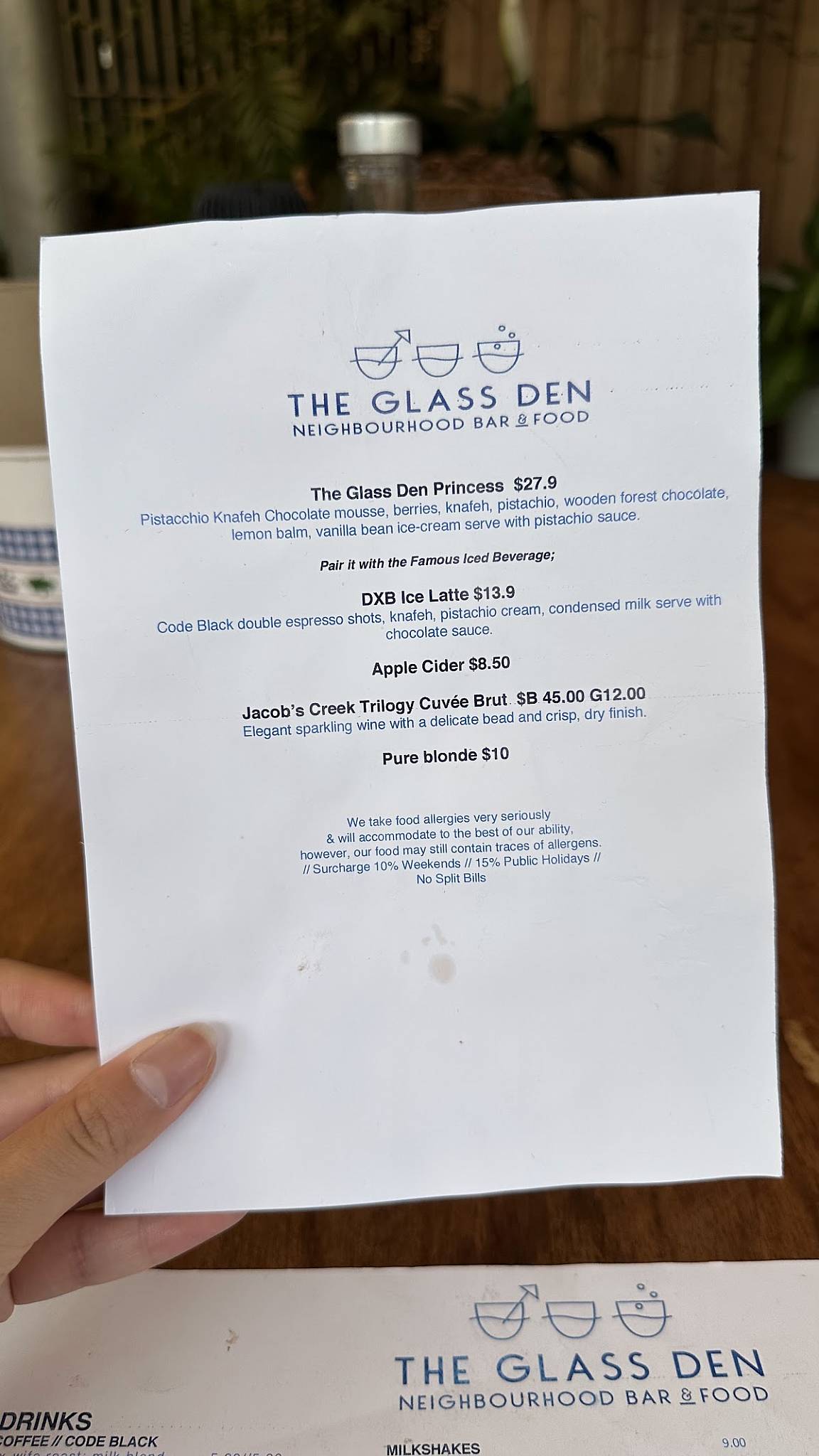 Menu at The Glass Den cafe, Coburg