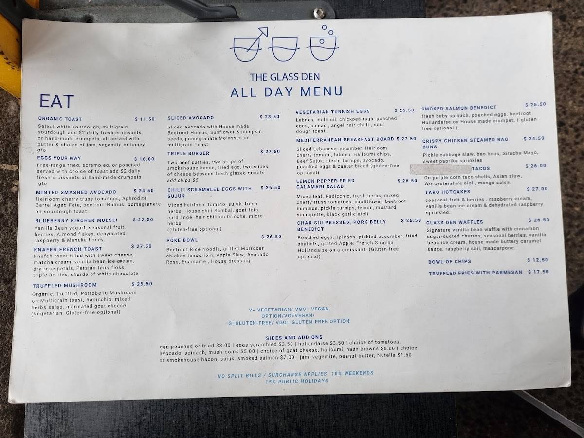 Menu at The Glass Den cafe, Coburg