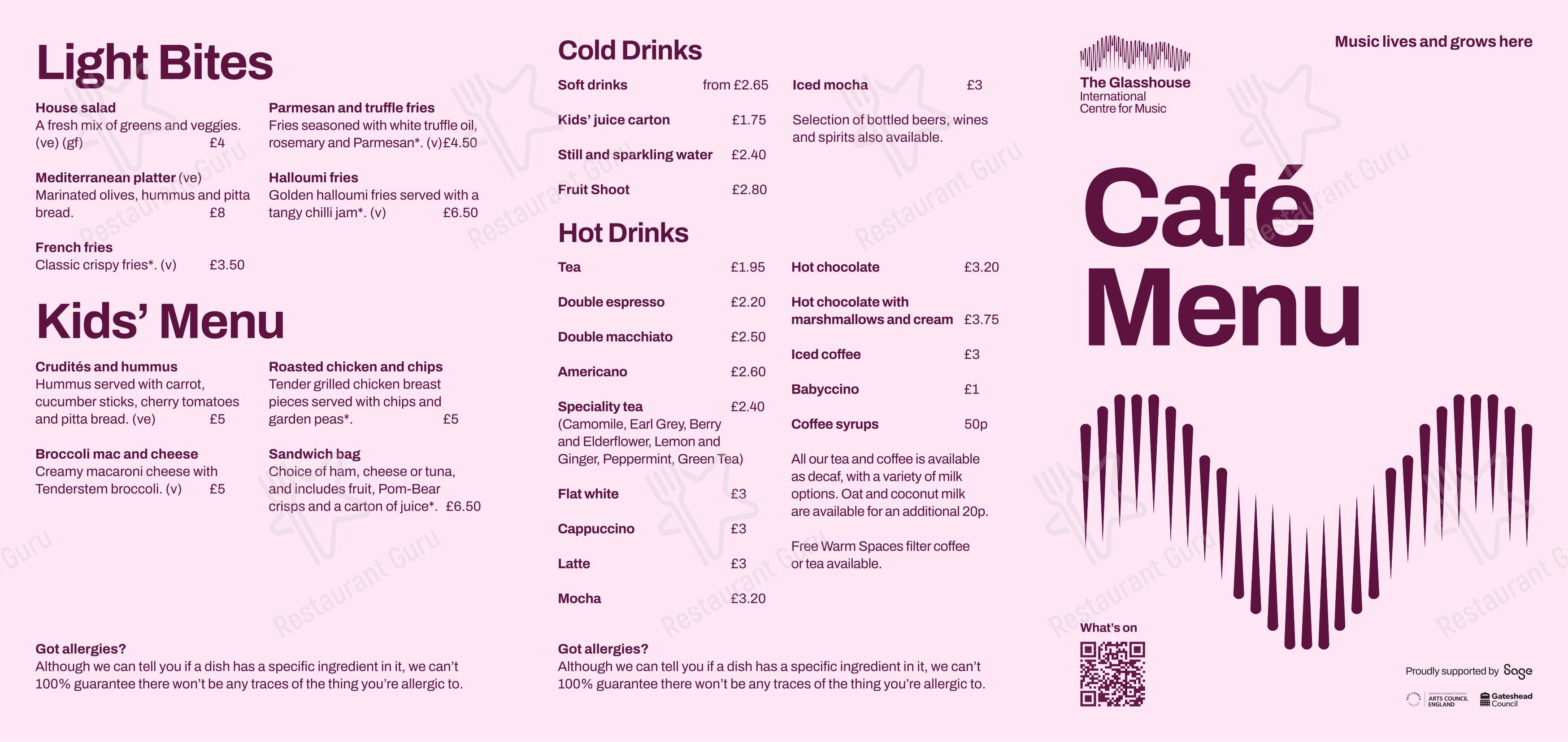 Menu at The Glasshouse International Centre for Music restaurant, Gateshead