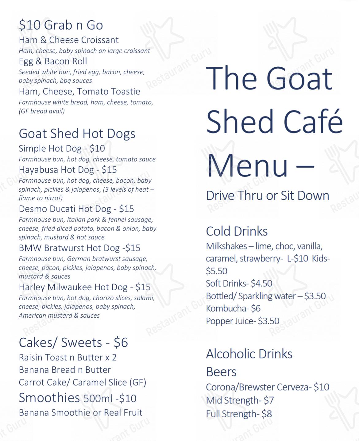 Menu at The Goat Shed cafe, Samford Valley