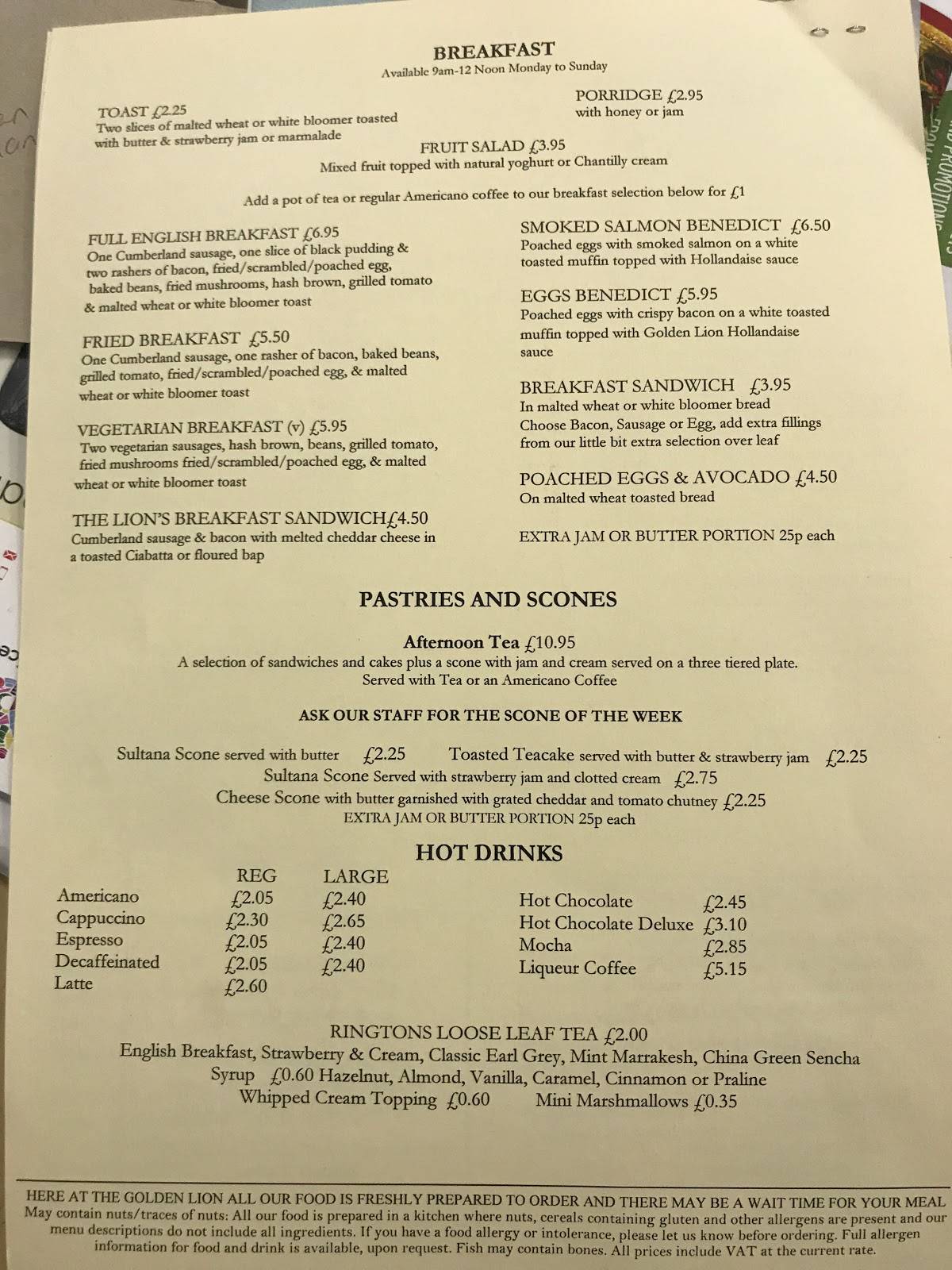 Menu at The Golden Lion restaurant, Bridgend, Ewenny Road