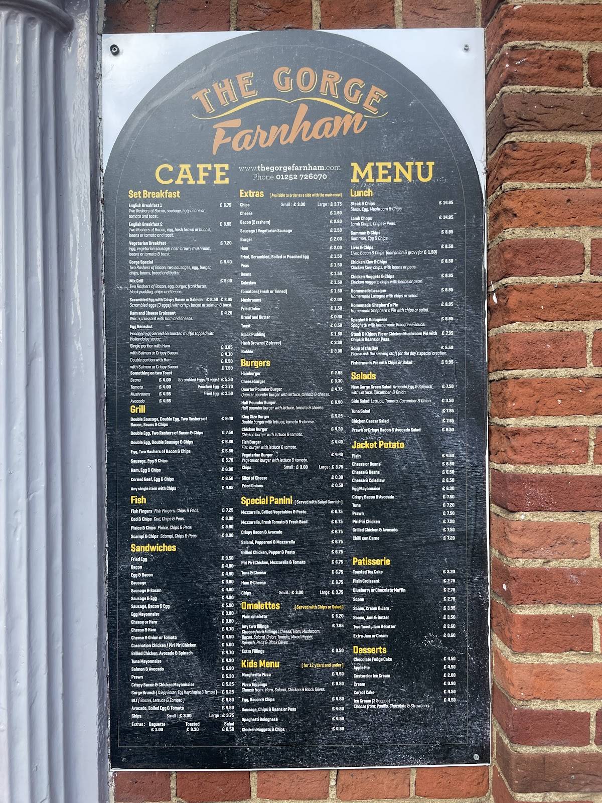 Menu at The Gorge cafe, Farnham