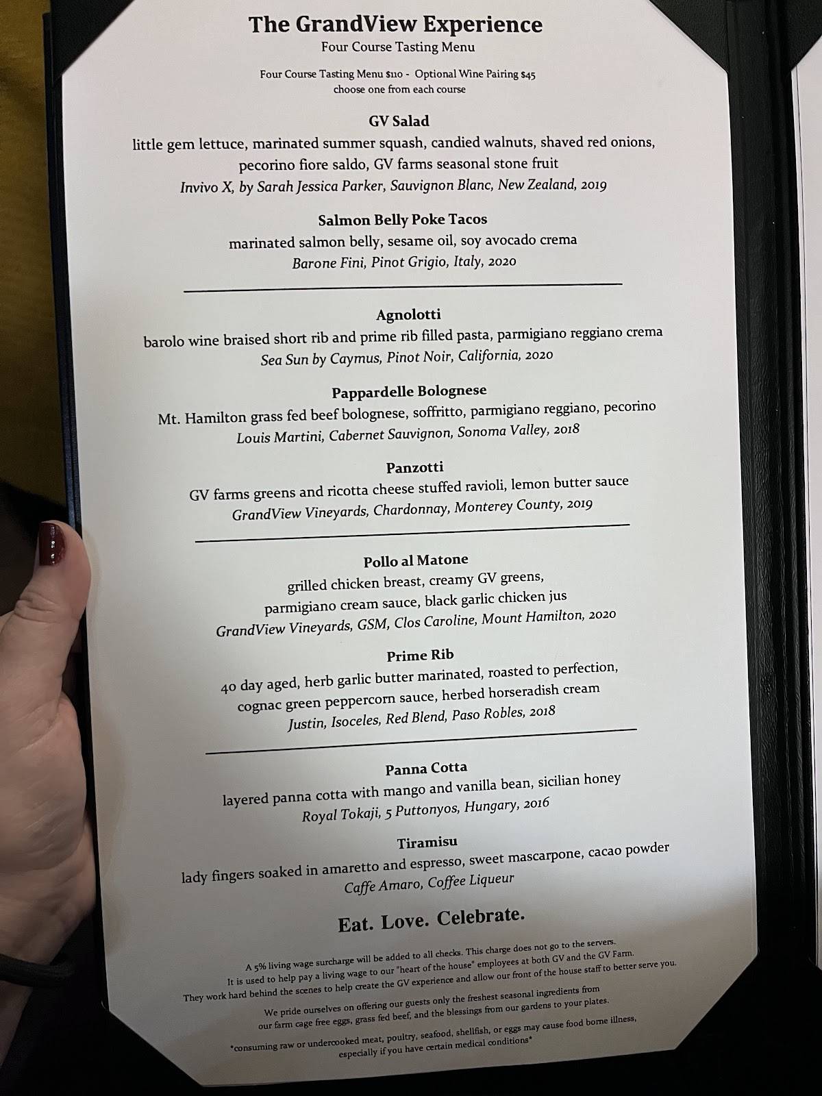 Menu at The GrandView steakhouse, San Jose, Mt Hamilton Rd