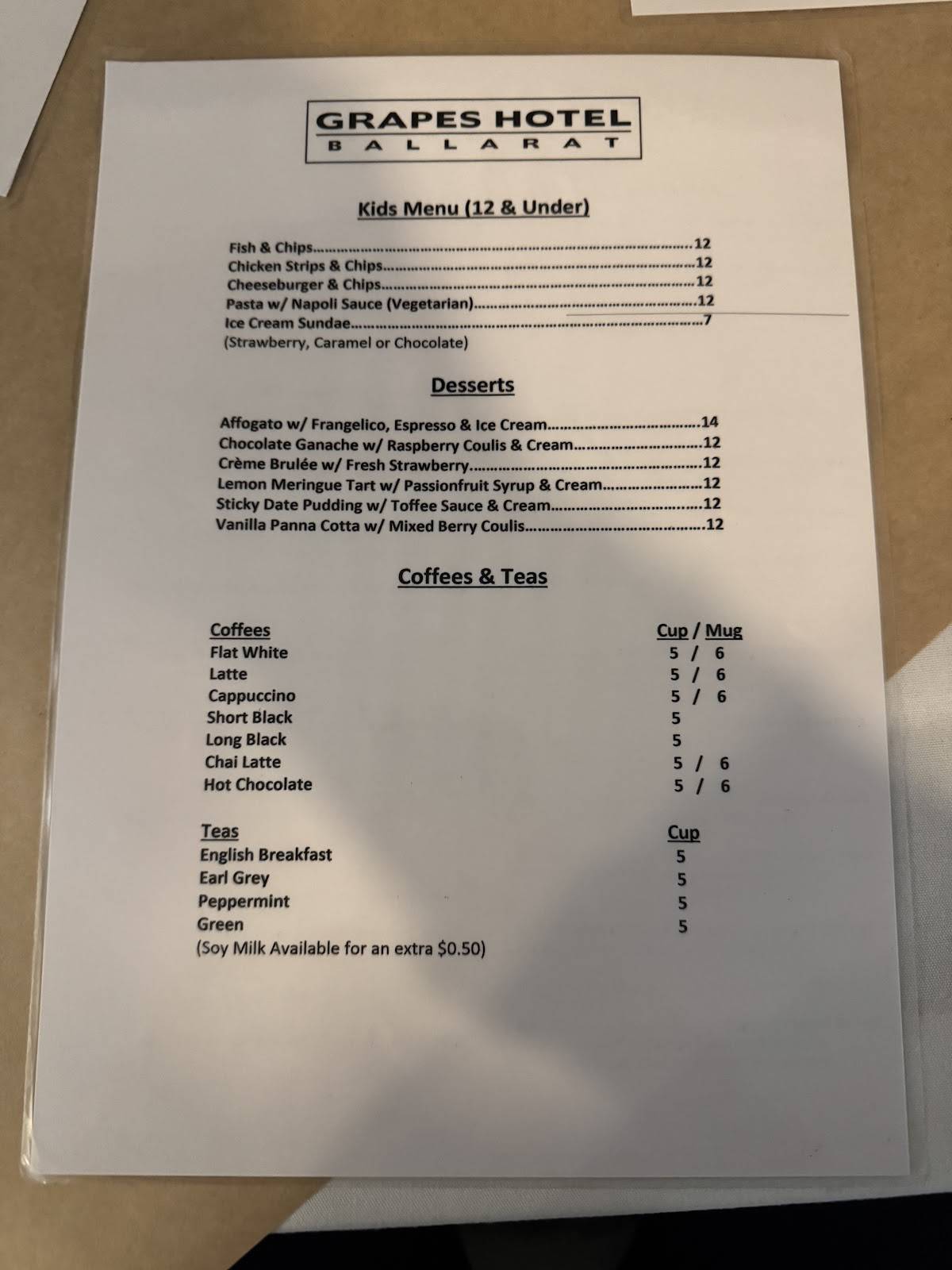 Menu at The Grapes Hotel pub & bar, Golden Point