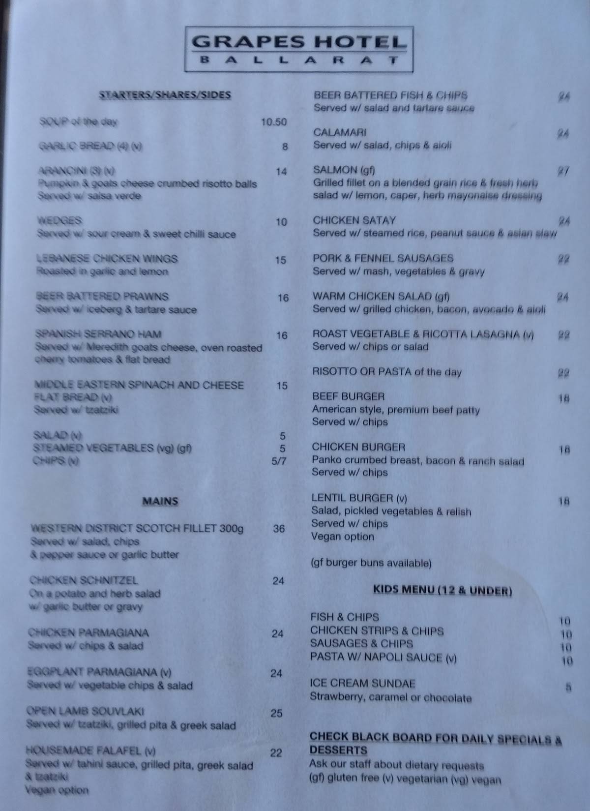 Menu at The Grapes Hotel pub & bar, Golden Point