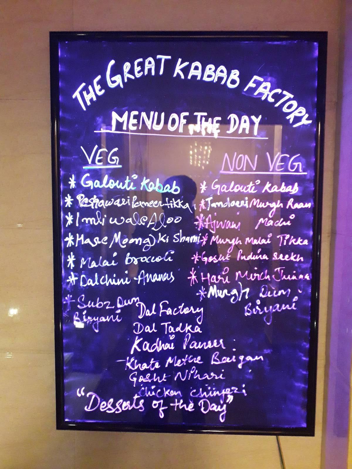 Menu at The Great Kabab Factory, New Delhi, J2/3 B.K Dutta Market