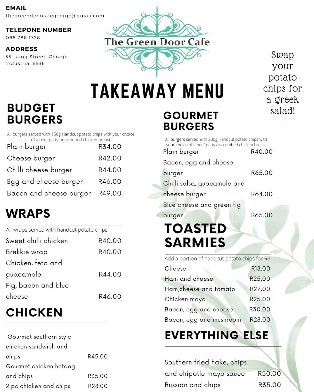 Menu at The Green Door Cafe, George, George