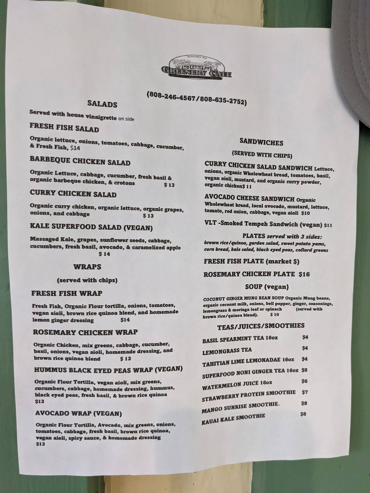 Menu at The Greenery Cafe, Lihue