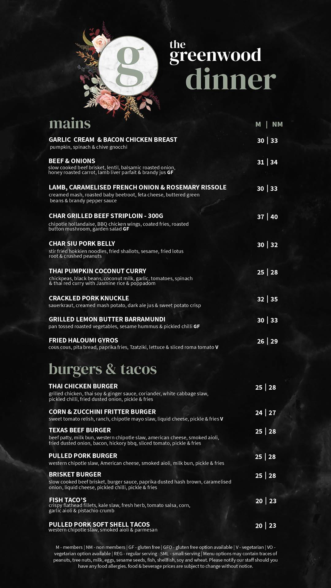Menu at The Greenwood restaurant, Taree
