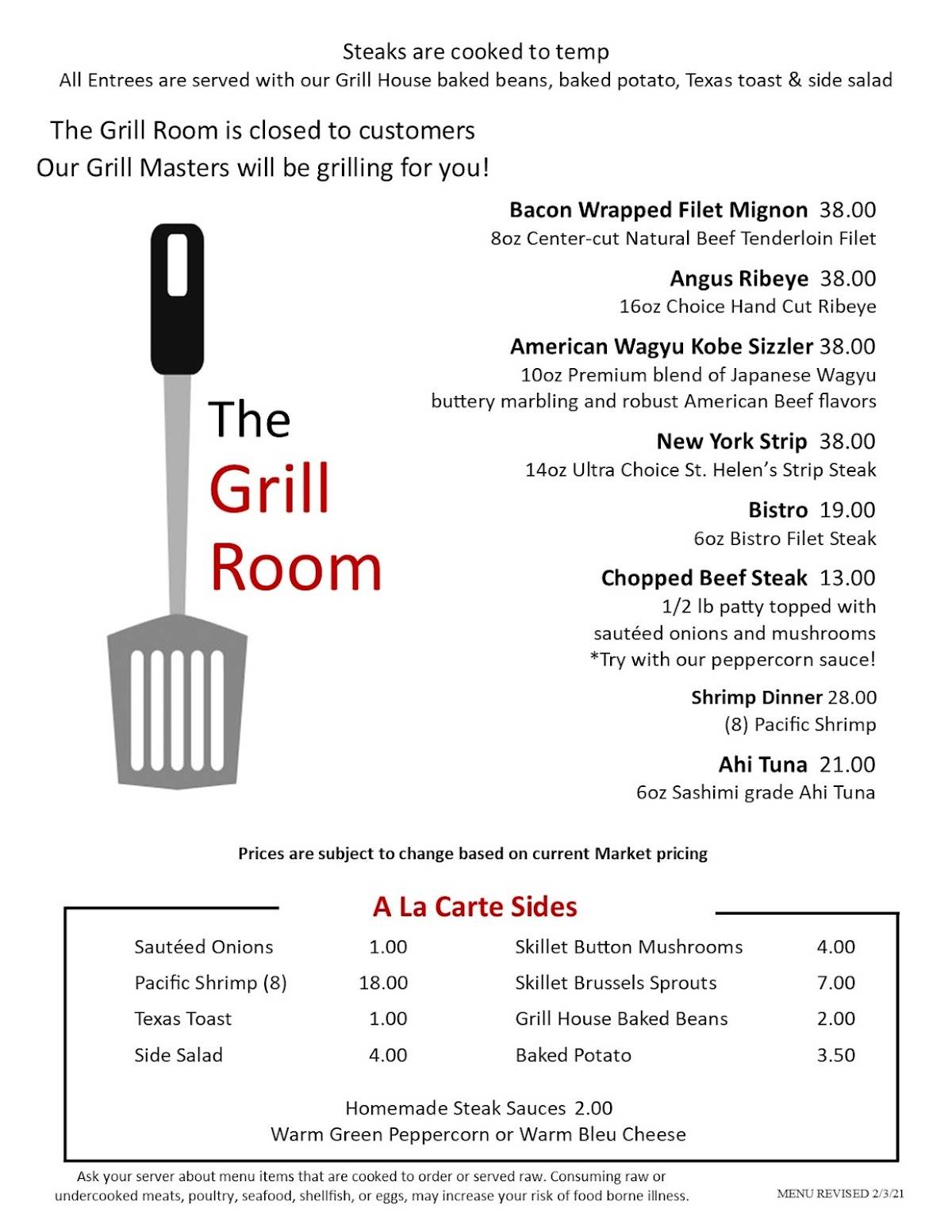 Menu at The Grill House steakhouse, Allegan, 32nd St