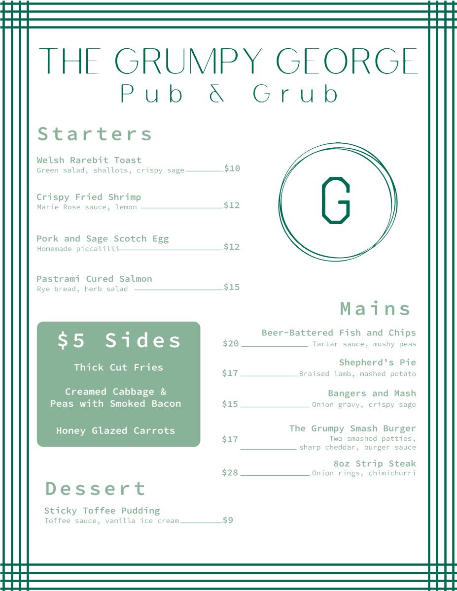 Menu at The Grumpy George Pub & Grub, Georgetown