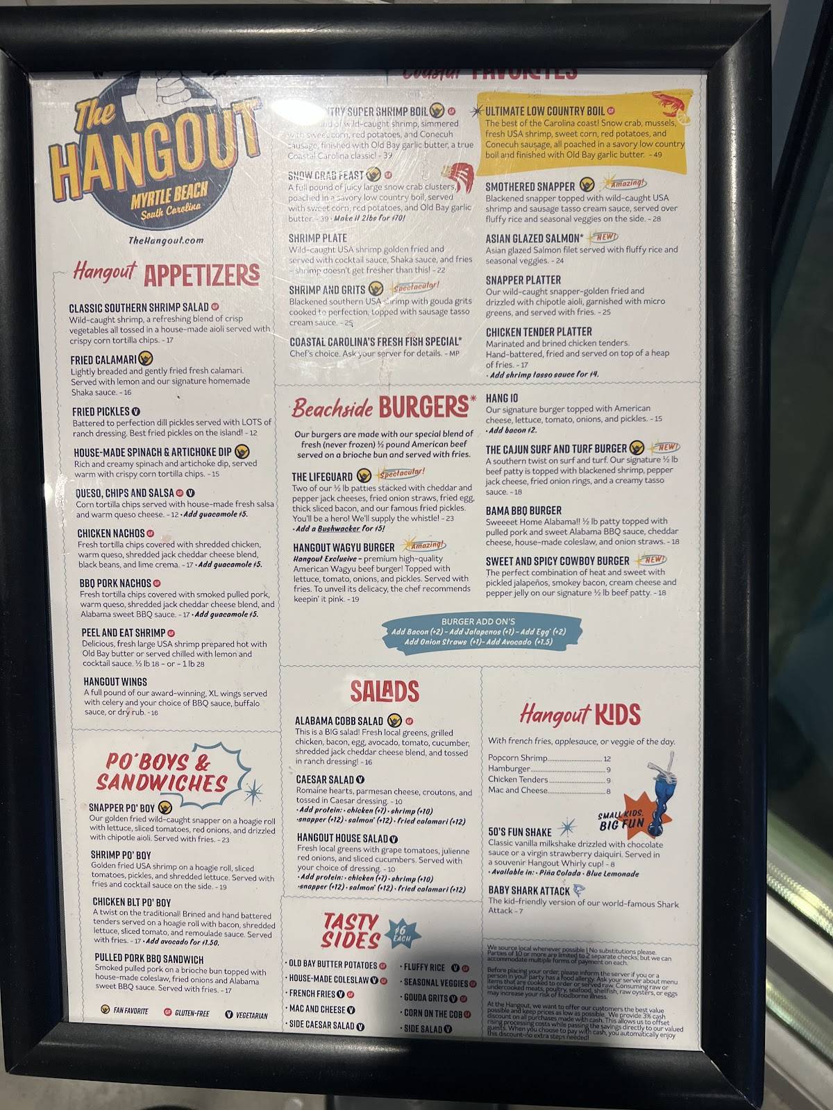 Menu at The Hangout pub & bar, Myrtle Beach, Celebrity Cir