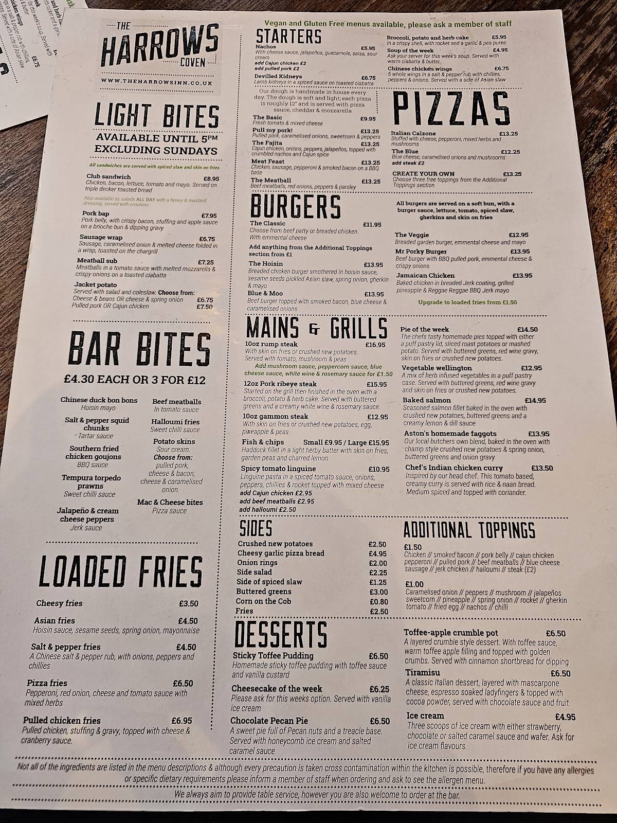 Menu at The Harrows Inn pub & bar, Wolverhampton