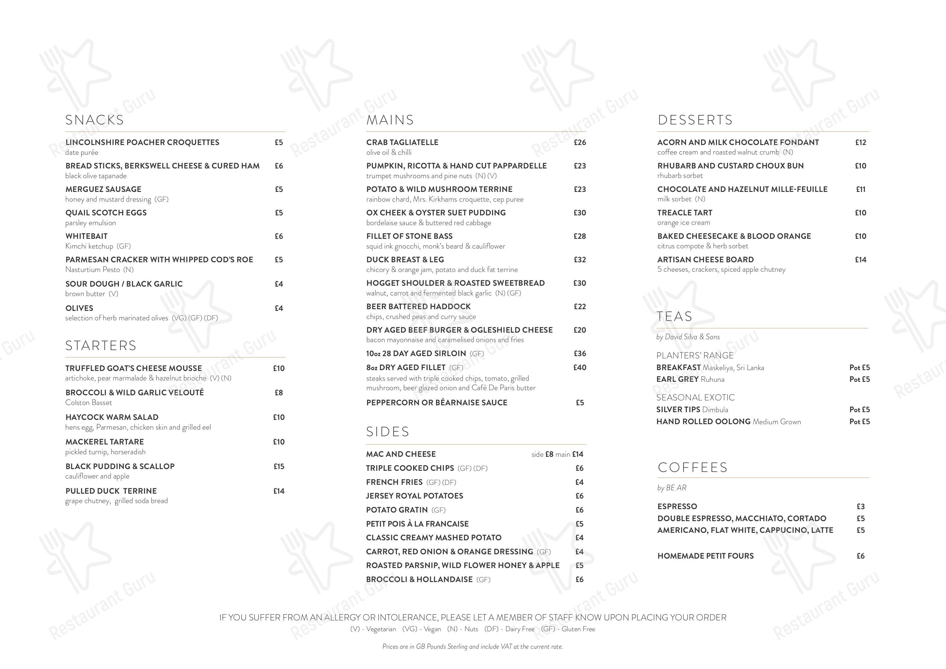 Menu at Haycock Manor Hotel restaurant, Wansford
