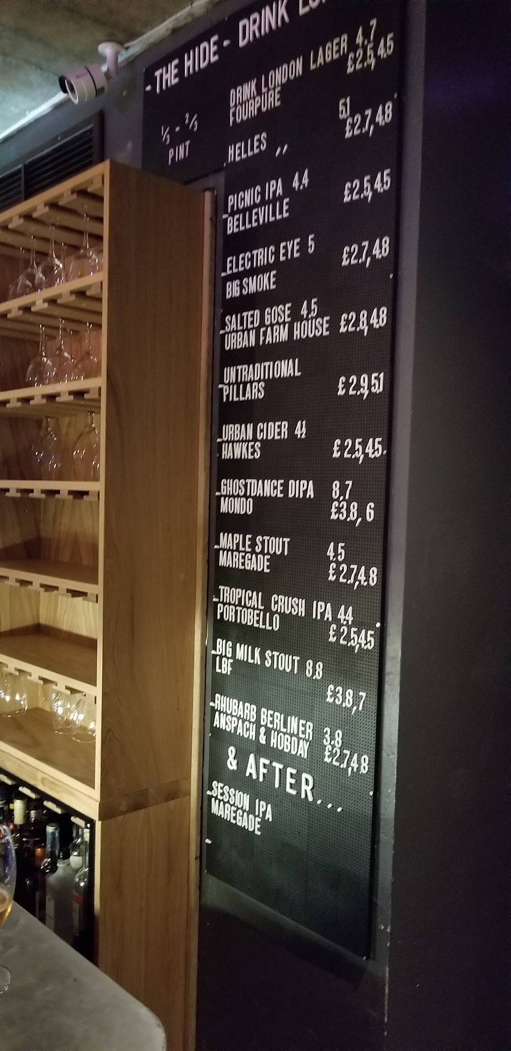Menu at The Hide Bar, London