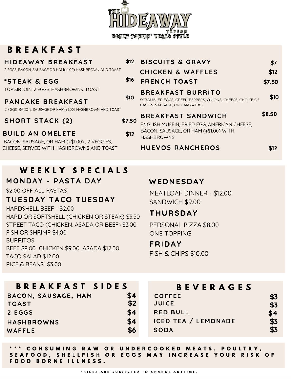 Menu at The Hideaway Tavern pub & bar, Las Vegas, Thom Blvd
