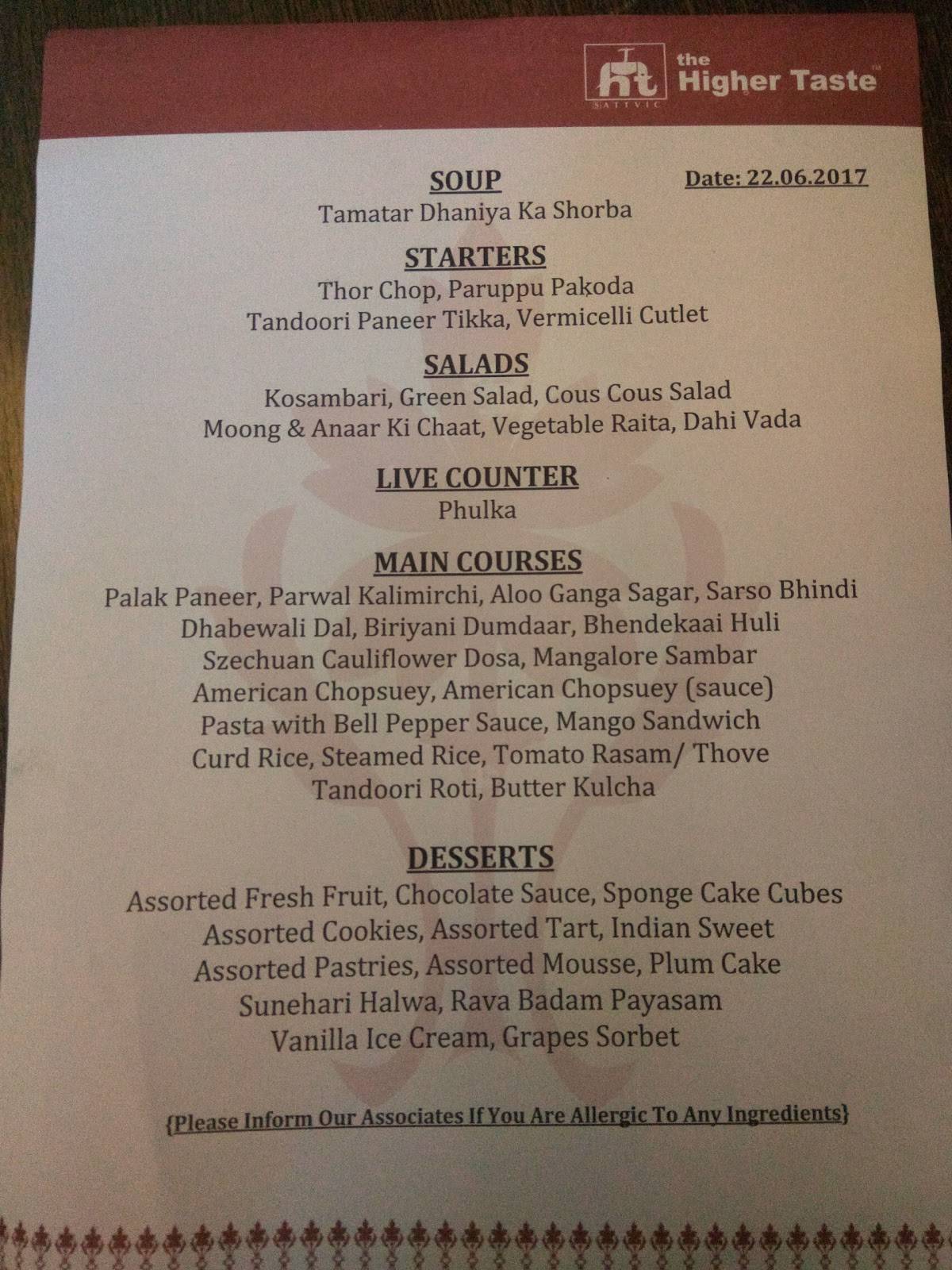 Menu at The Higher Taste Restaurant, Bengaluru, Inside ISKCON