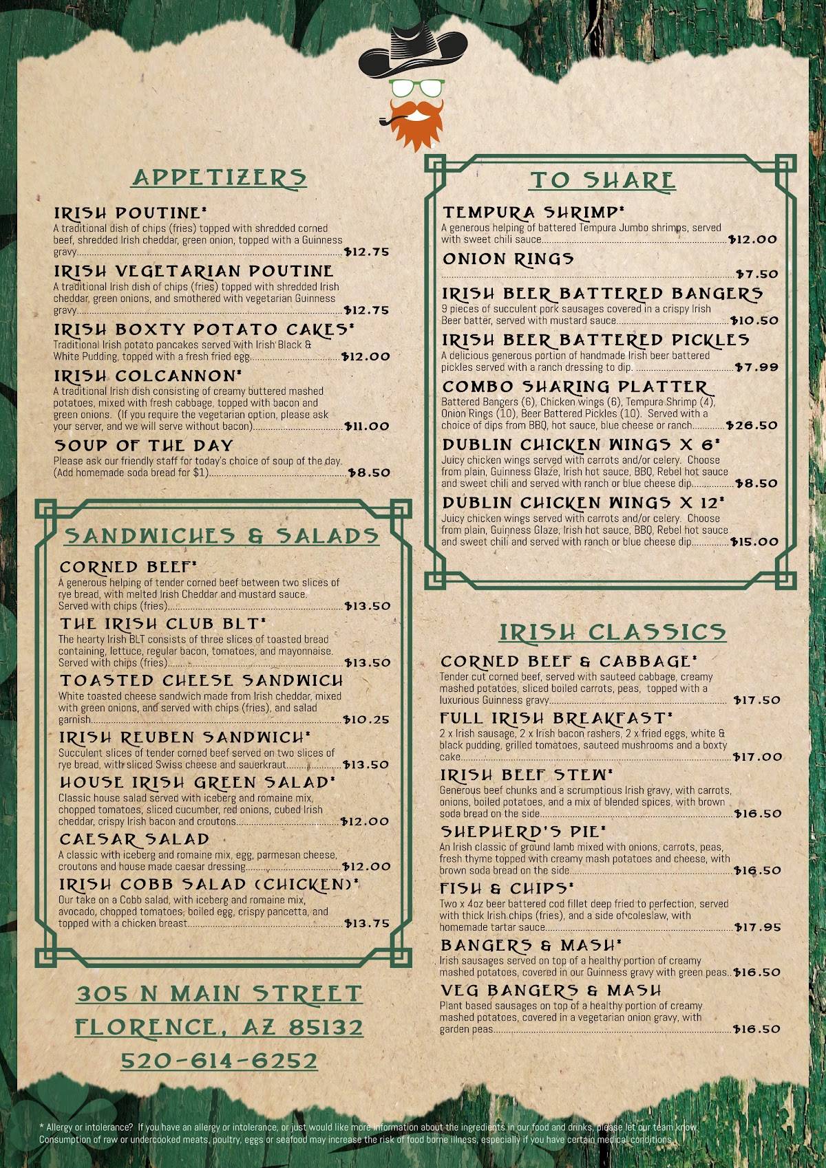 Menu at The Irish Cowboy pub & bar, Florence, 305 N Main St