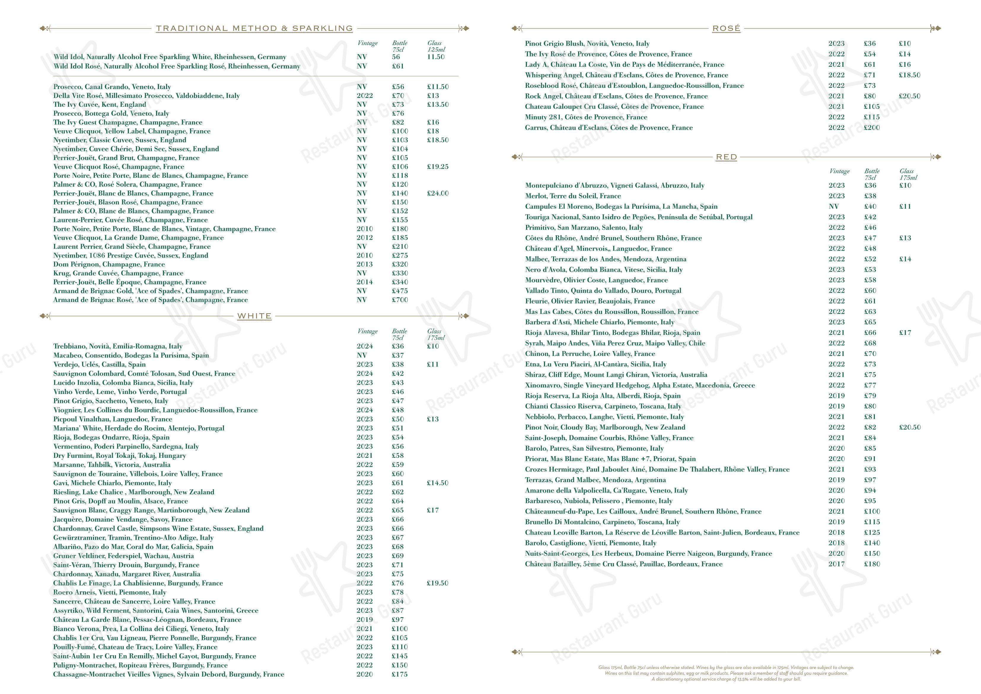 Menu at The Original Ivy, West End restaurant, London, 1-5 West St