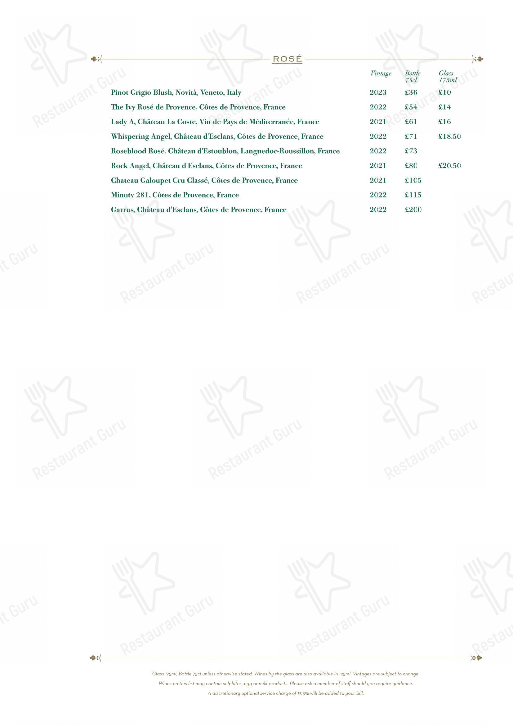 Menu at The Original Ivy, West End restaurant, London, 1-5 West St