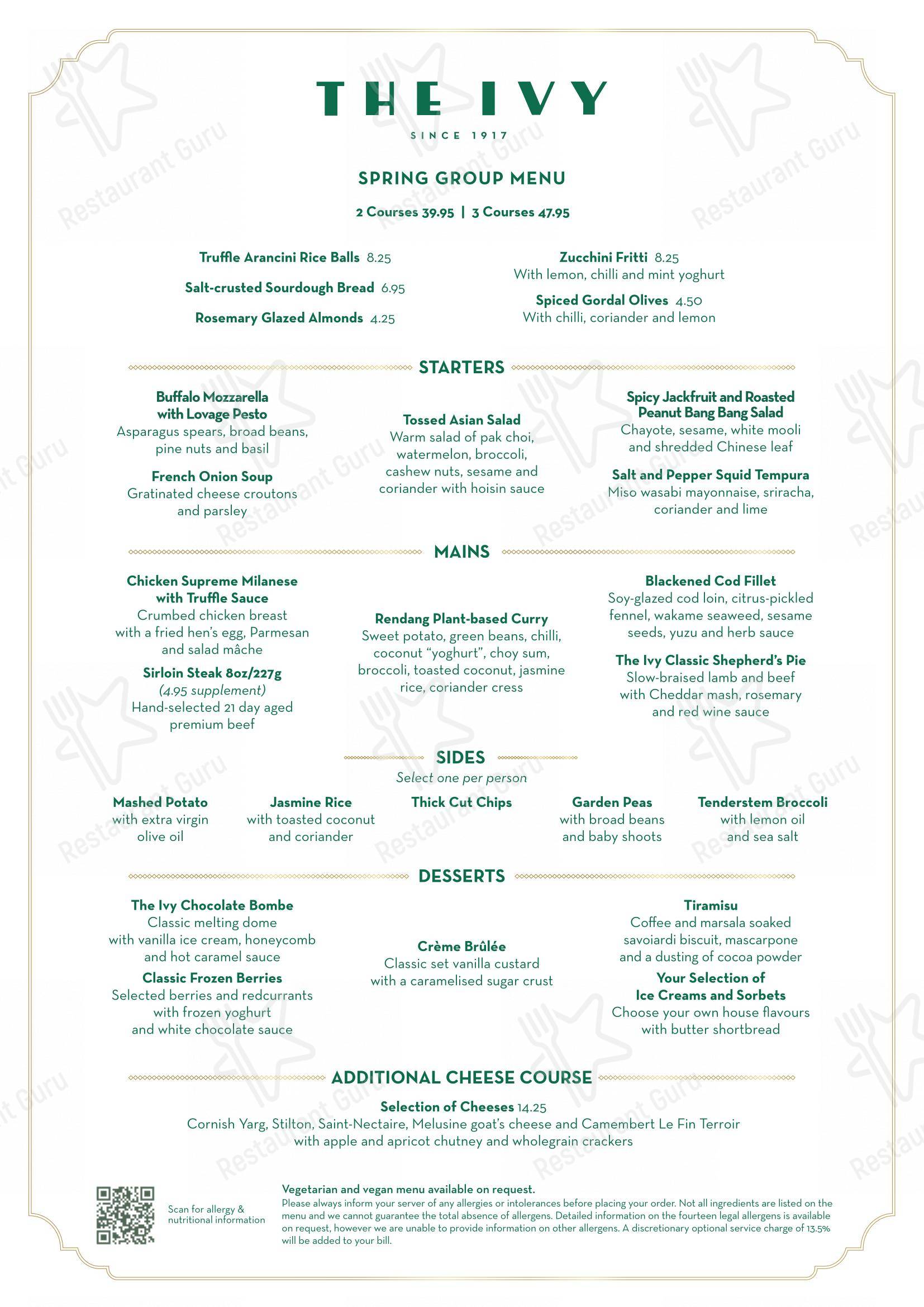 Menu at The Ivy Belfast Brasserie restaurant, Belfast