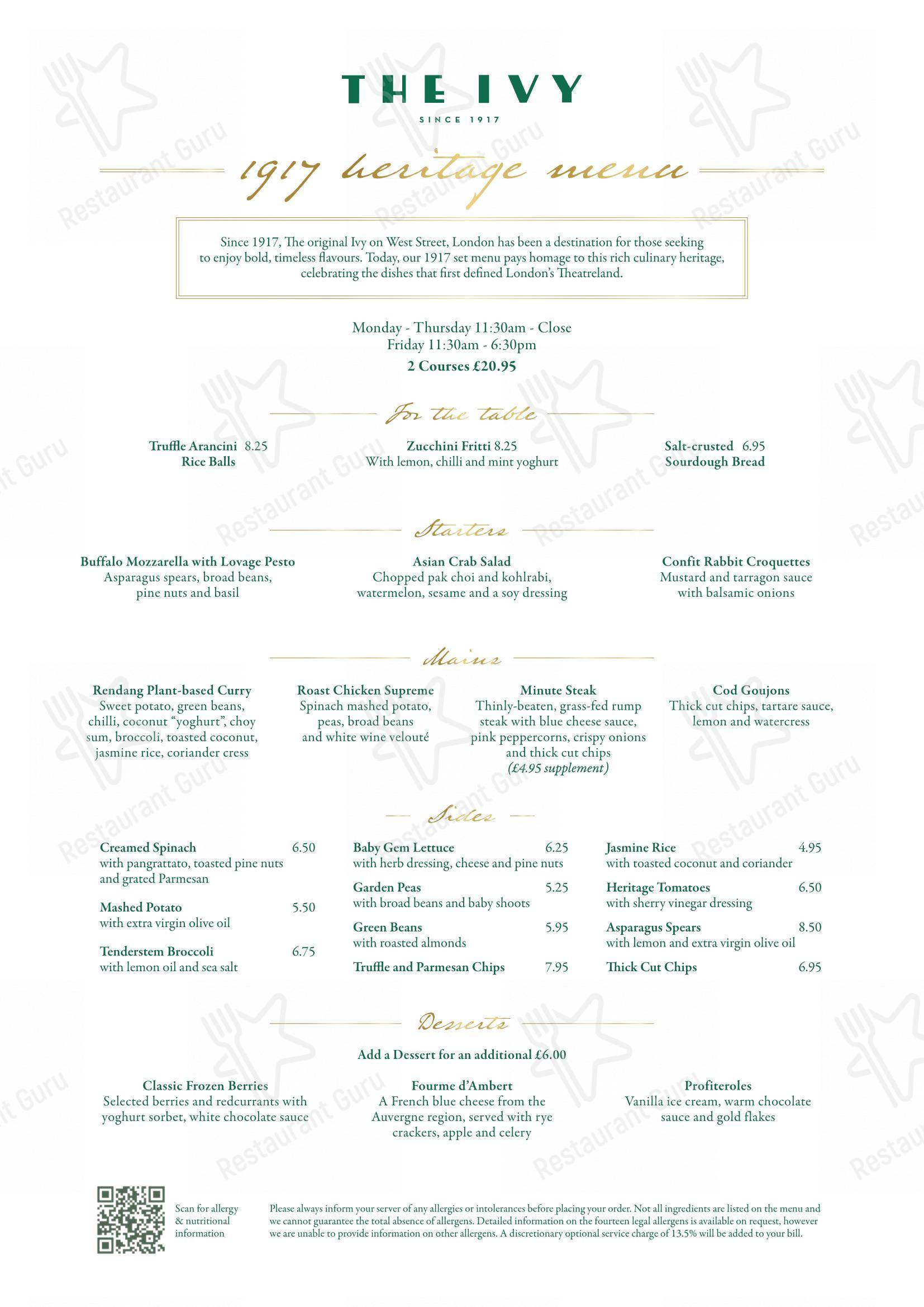 Menu at The Ivy Belfast Brasserie restaurant, Belfast