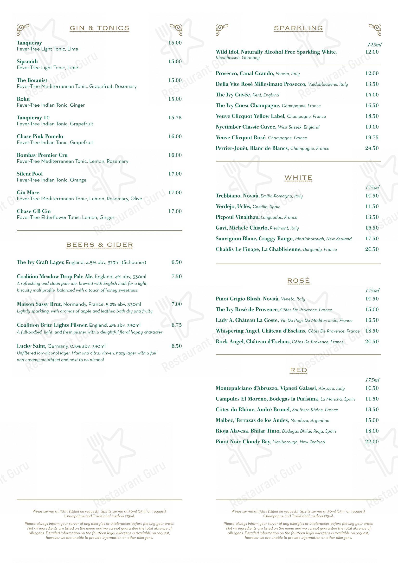 Menu at The Ivy Belfast Brasserie restaurant, Belfast
