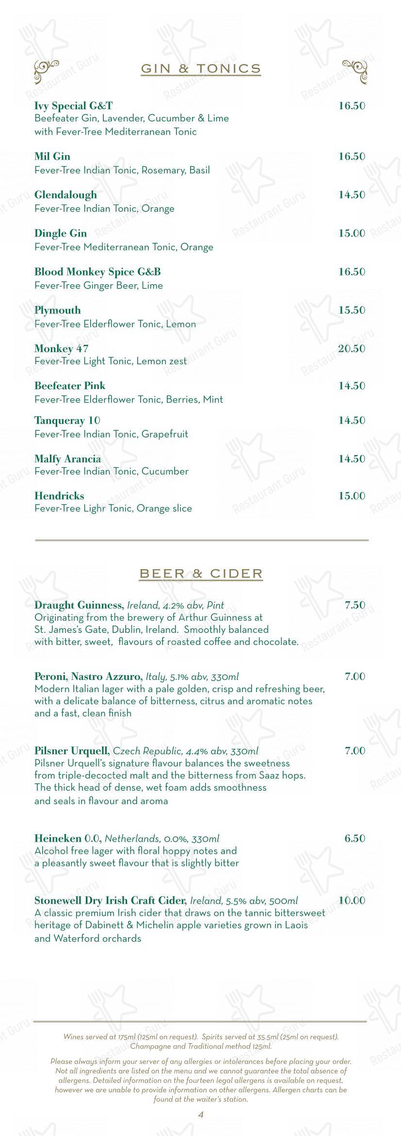 Menu at The Ivy Richmond Brasserie restaurant, Richmond, 9-11 Hill St