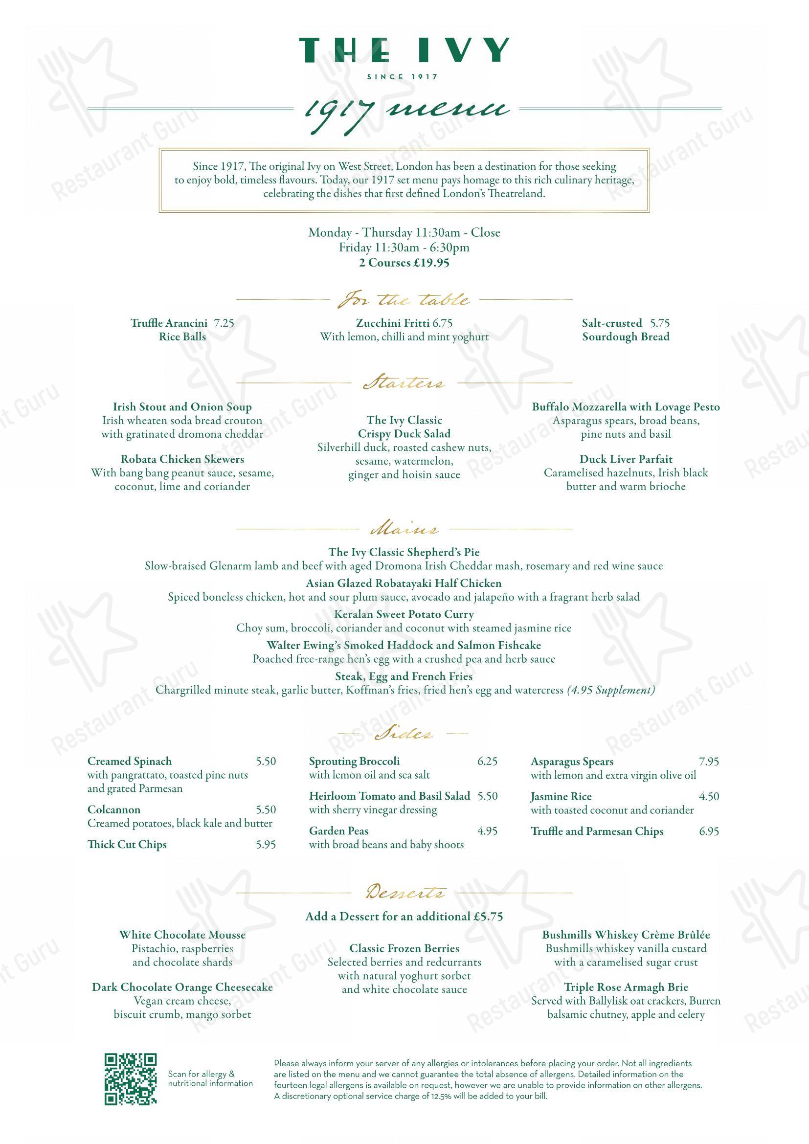 Menu at The Ivy Richmond Brasserie restaurant, Richmond, 9-11 Hill St