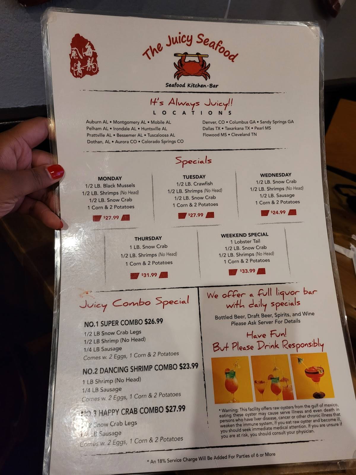 Menu at The Juicy Seafood restaurant, Prattville