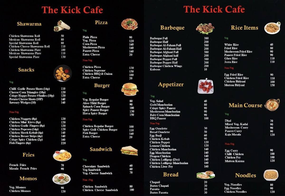 Menu at The Kick Cafe, Harohalli