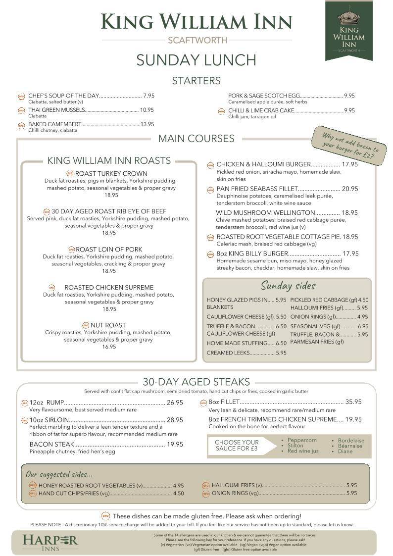 Menu at The King William Inn pub & bar, Doncaster, Main Street