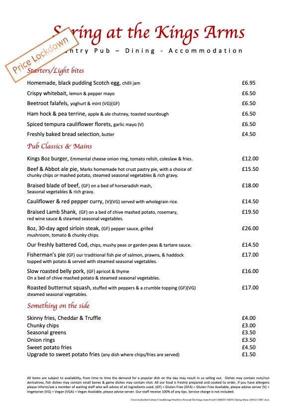 Menu at The Kings Arms pub & bar, Melton Mowbray