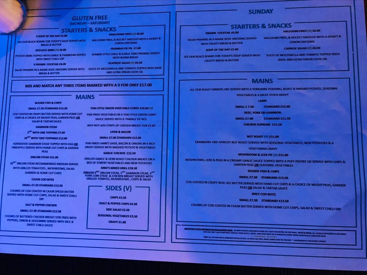 Menu at The King's Arms pub & bar, Whitley Bay