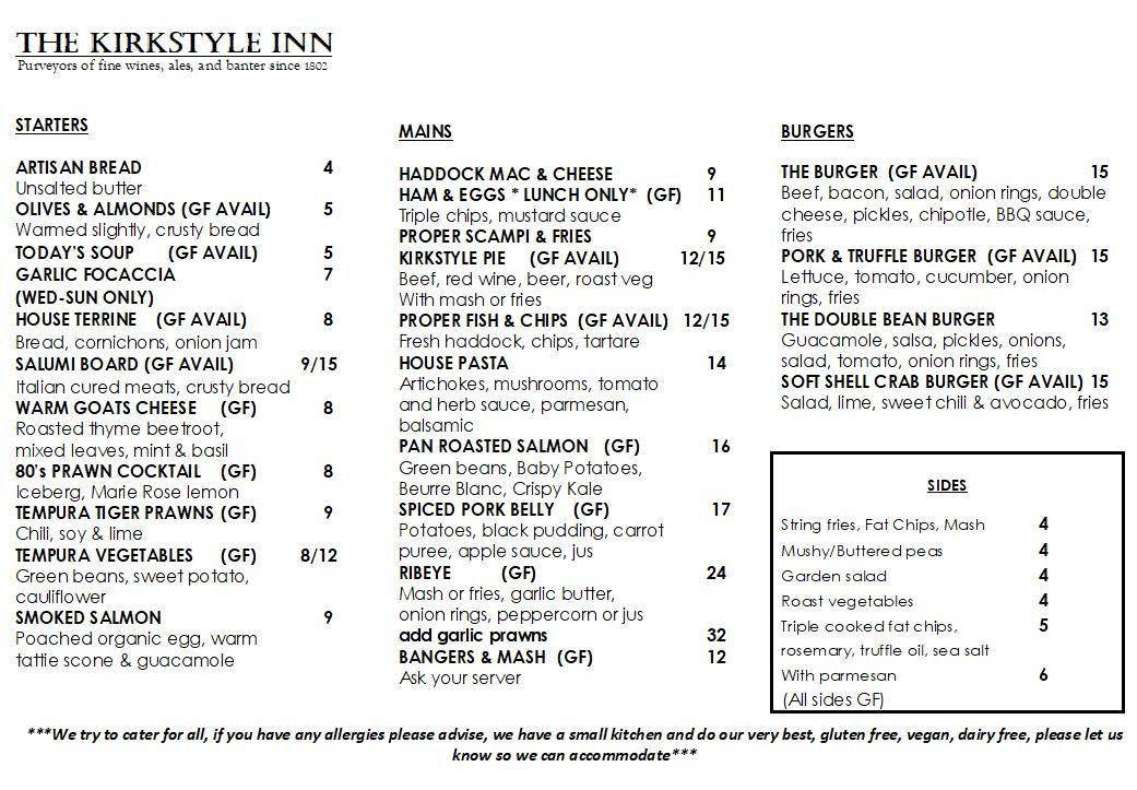 Menu at The Kirkstyle Inn pub & bar, Dunning