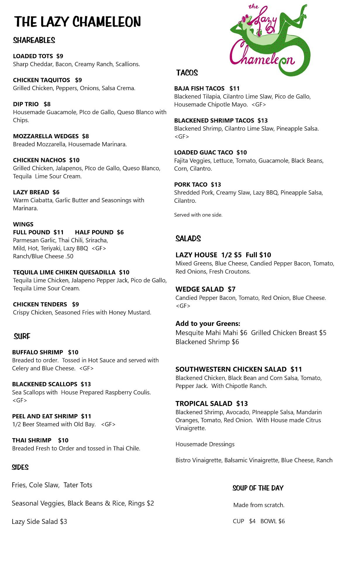 Menu at The Lazy Chameleon restaurant, Powell, Presidential Pkwy