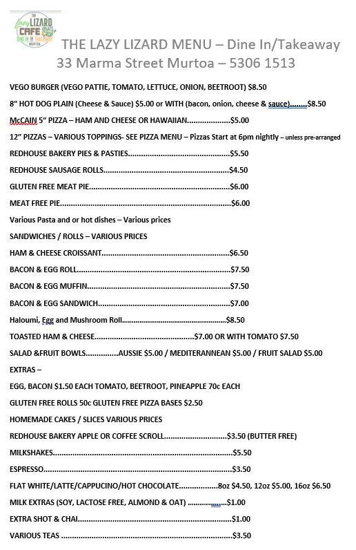 Menu at Lazy Lizard Cafe, Murtoa
