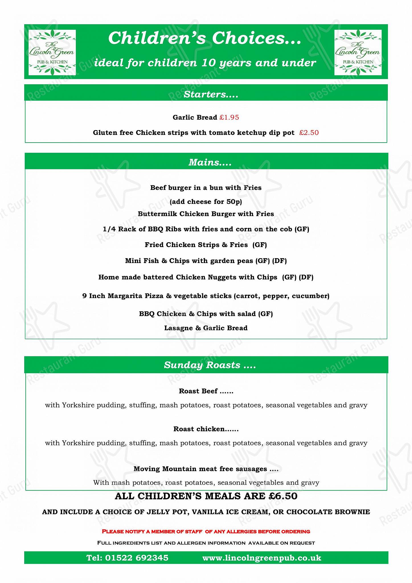 Menu at The Lincoln Green pub & bar, Lincoln