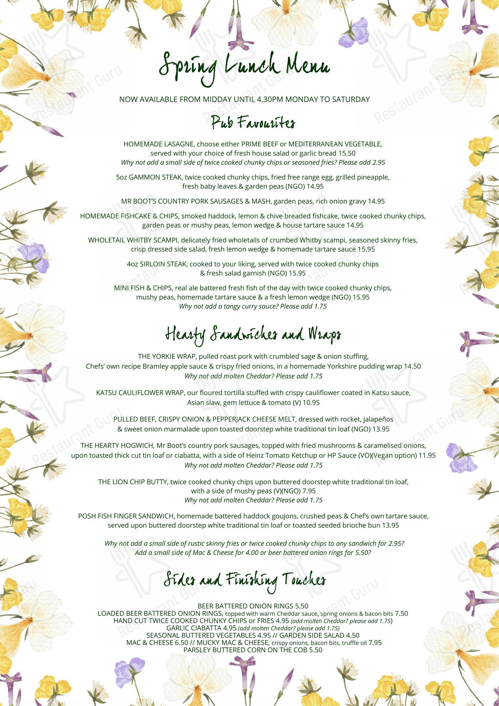 Menu at The Lion at Farnsfield pub & bar, Rufford