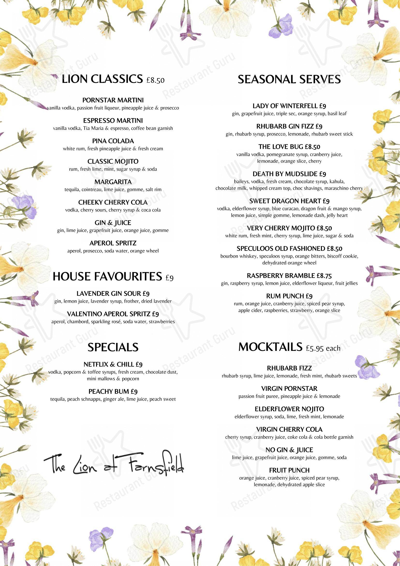 Menu at The Lion at Farnsfield pub & bar, Rufford