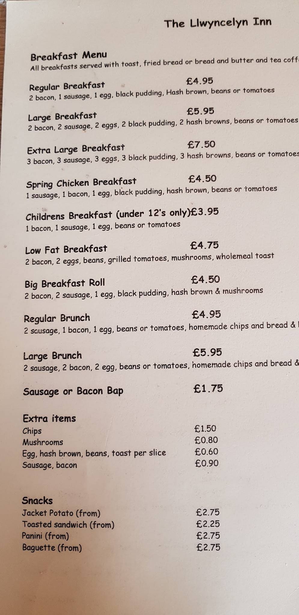 Menu at The Llwyncelyn Inn pub & bar, Aberdare