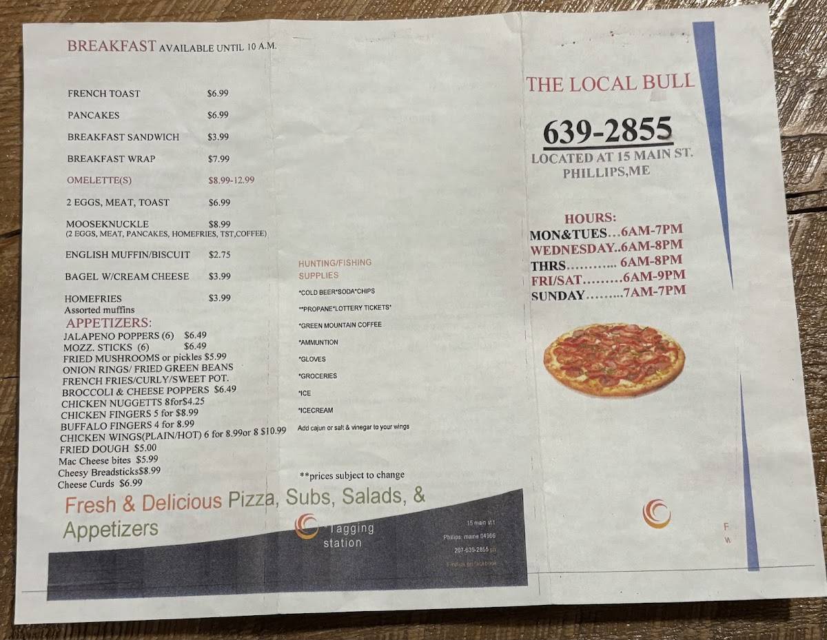 Menu at The Local Bull pizzeria, Phillips