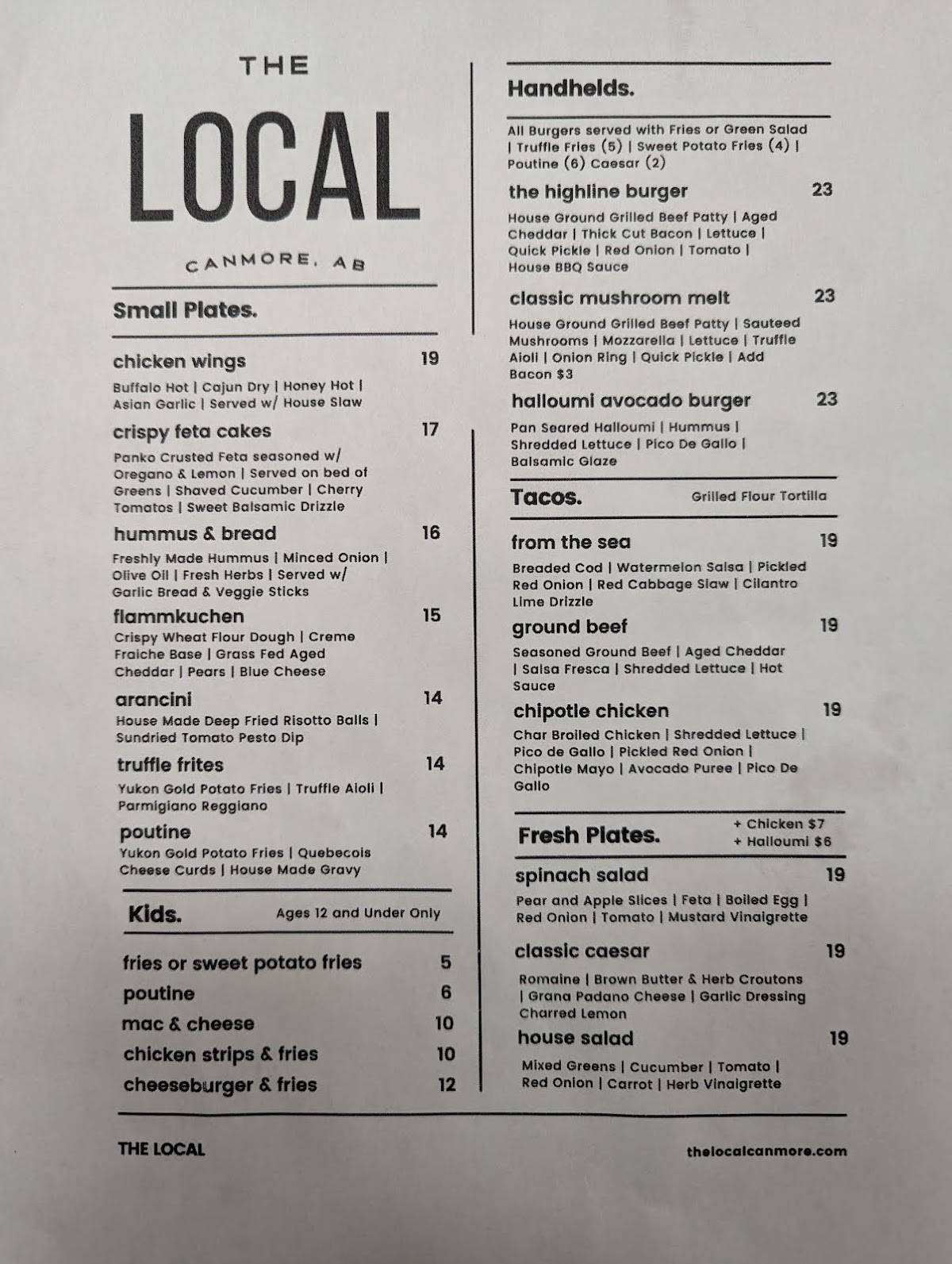 Menu at The Local - Cocktail Bar & Eatery, Canada