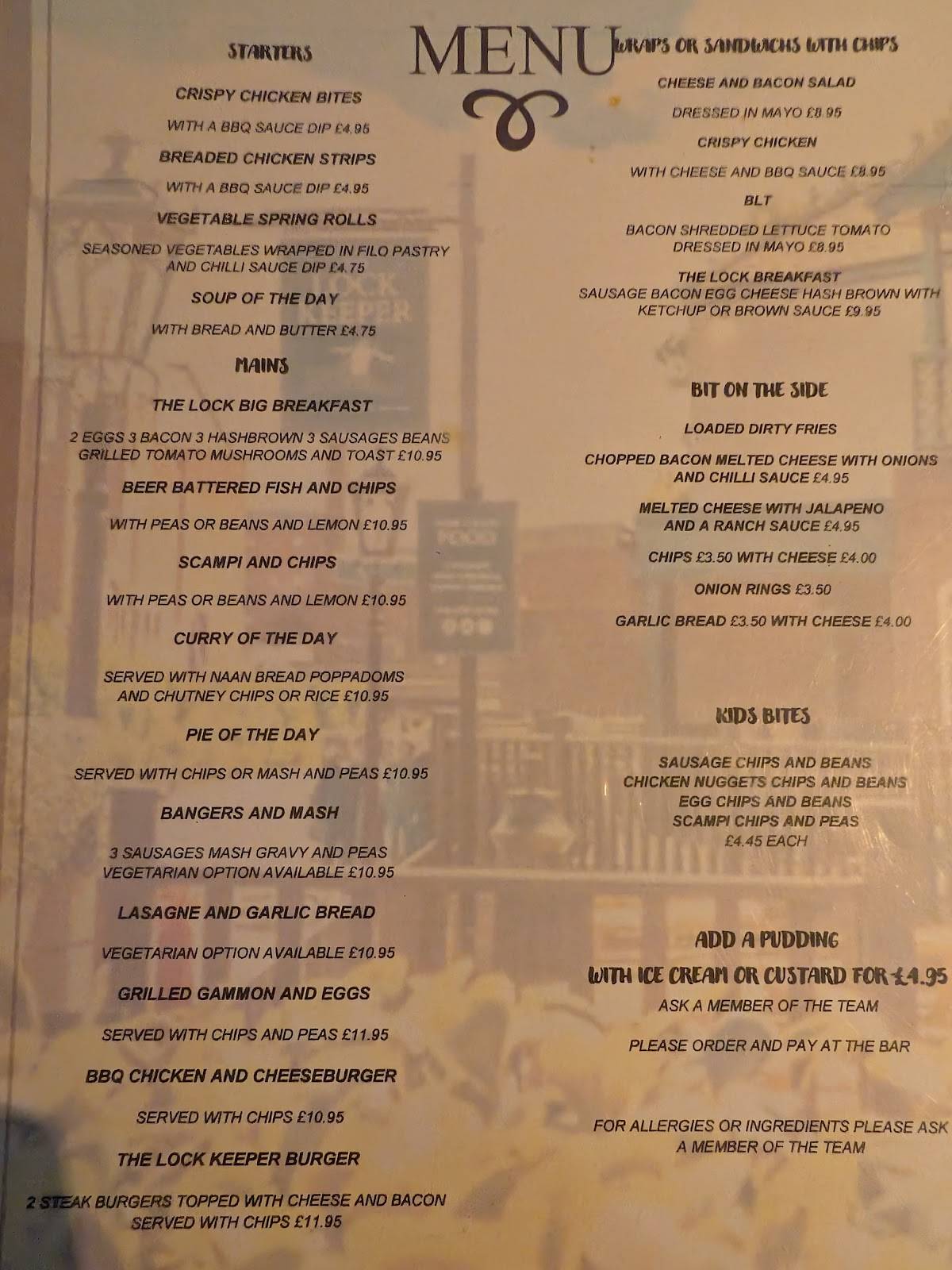 Menu at The Lock Keeper pub & bar, Chester, 1 Canal Side