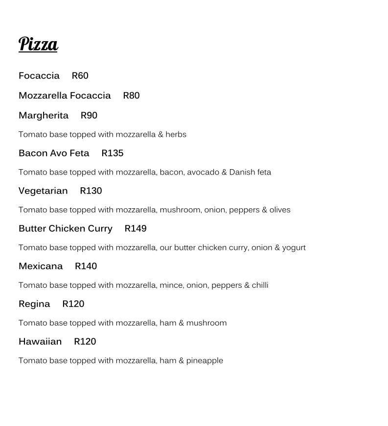 Menu at The Lookout restaurant, Durban