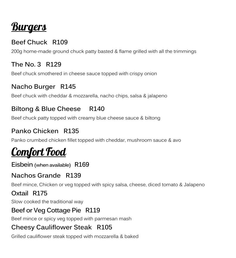 Menu at The Lookout restaurant, Durban