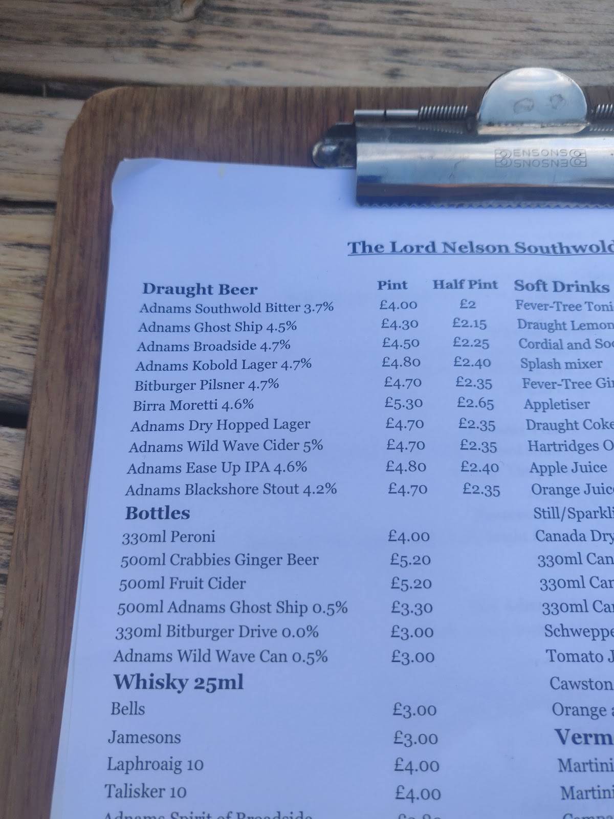 Menu at The Lord Nelson pub & bar, Southwold